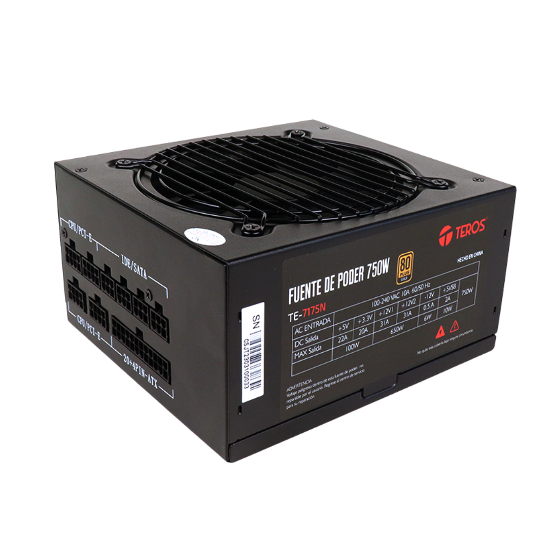 Fuente de alimentación TEROS TE-7175, ATX, 750W, 80 Plus Gold, 100V-240VAC, CERTIFICADA