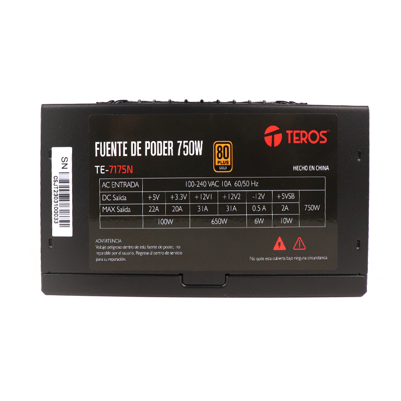 Fuente de alimentación TEROS TE-7175, ATX, 750W, 80 Plus Gold, 100V-240VAC, Certificada